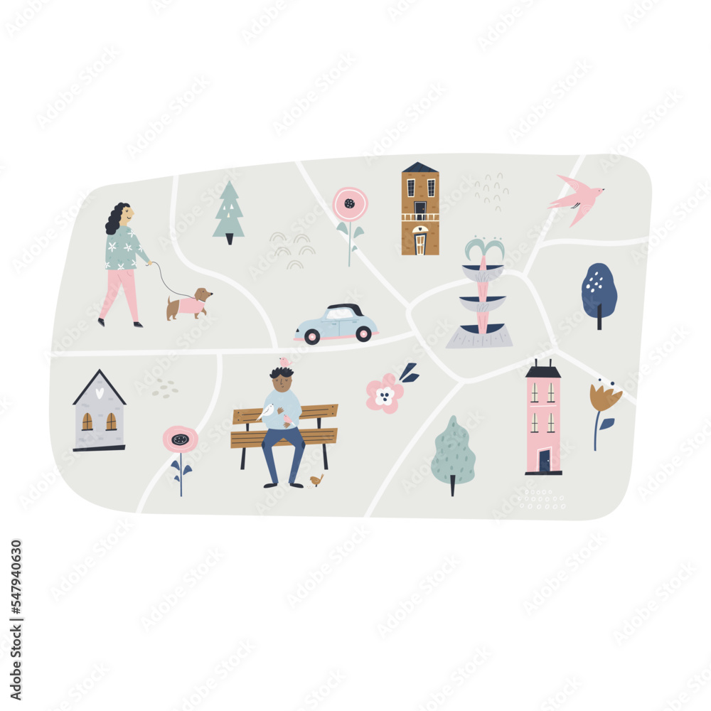 Cute city map with streets, parks, people, colorful houses Stock Vector ...