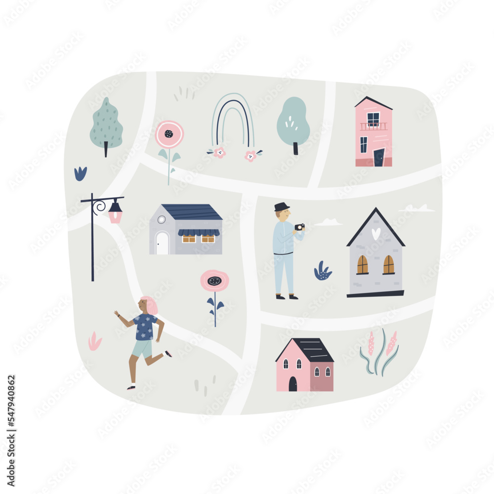 Cute city map with streets, parks, people, colorful houses Stock Vector ...