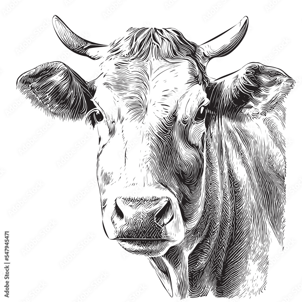 Cow portrait sketch hand drawn Farming and cattle breeding Vector ...