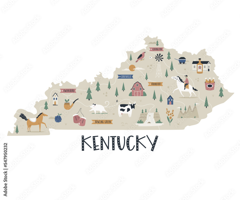 Kentucky map state with landmarks and symbols. Stock Vector | Adobe Stock