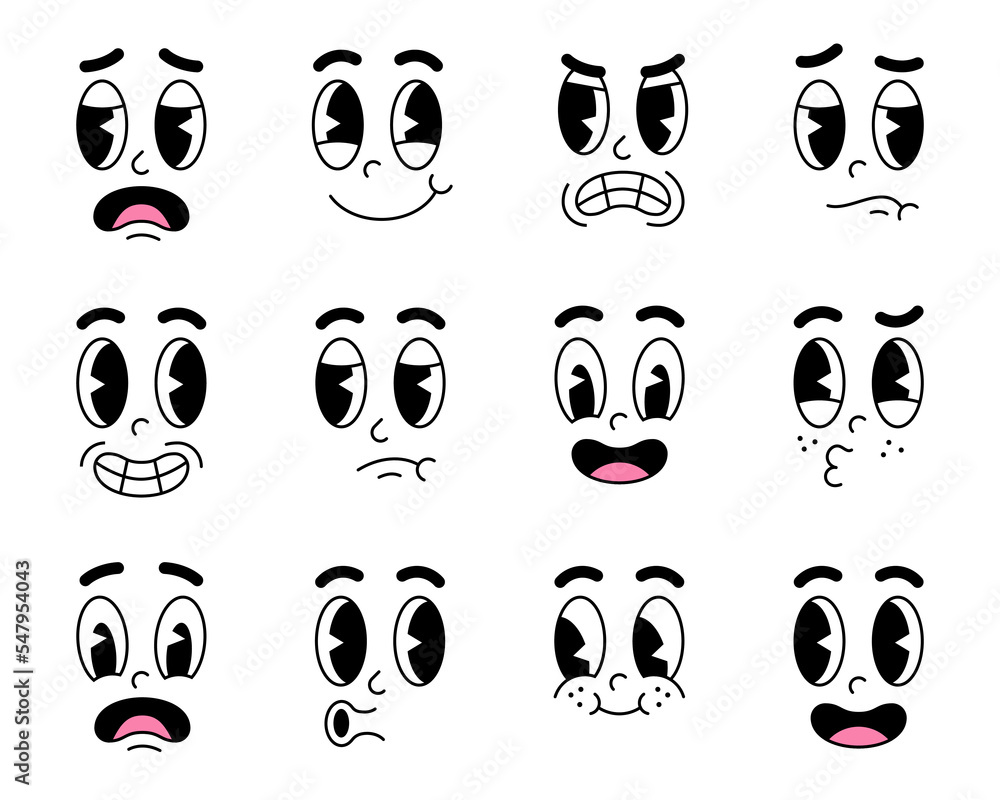 Retro cartoon and comic facial expressions. Old cartoon style faces ...