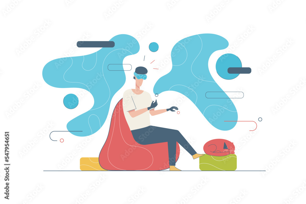 Metaverse concept with people scene in flat cartoon design. Man in VR ...