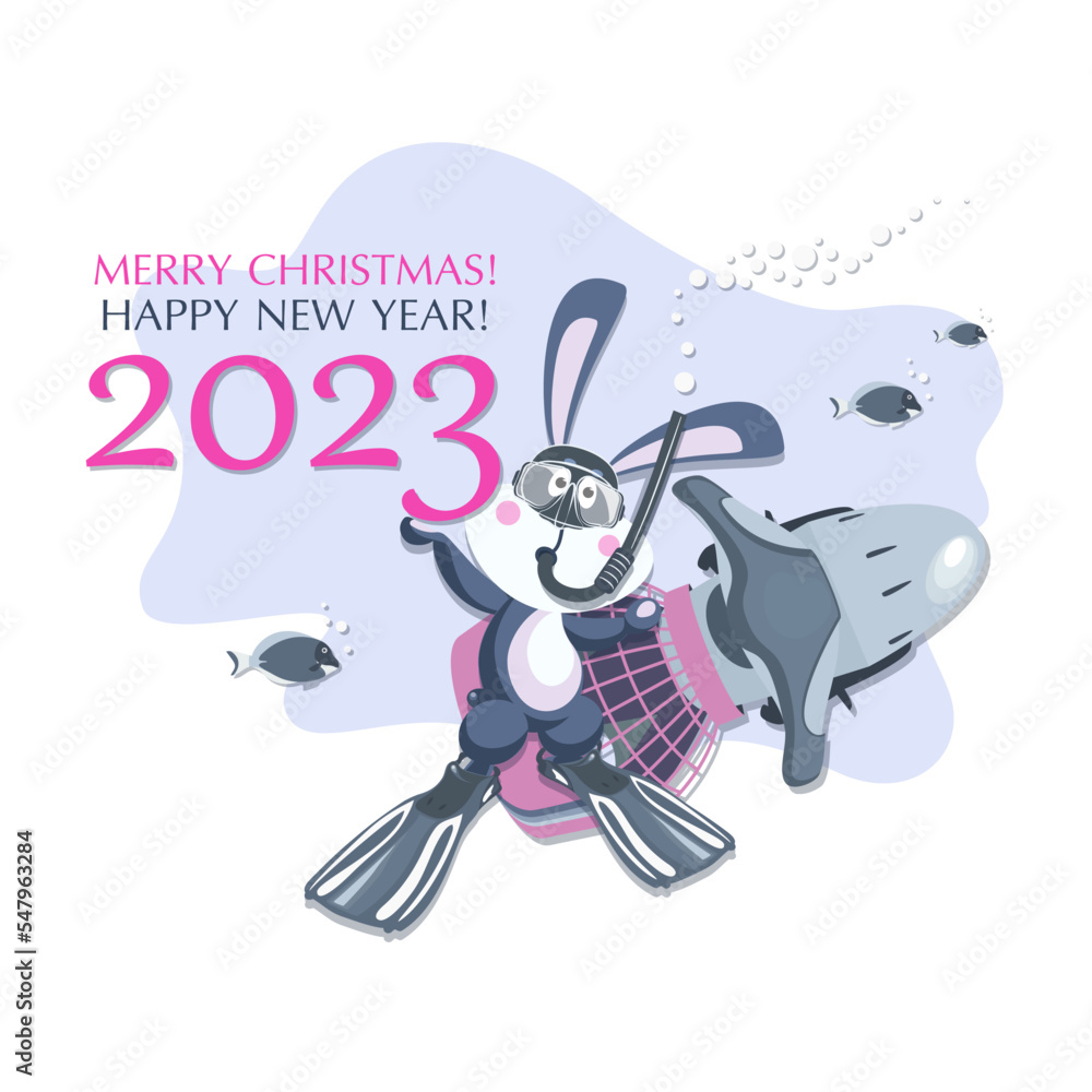 Black rabbit diver. Symbol of the new year 2023. Cute scuba bunny and ...