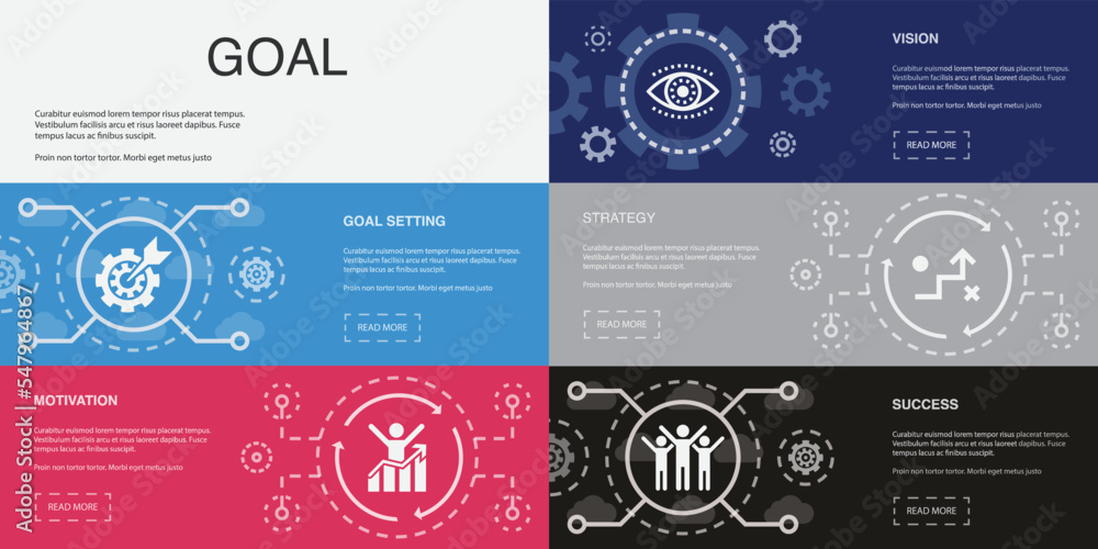 goal setting, motivation, vision, strategy, success. icons Infographic ...