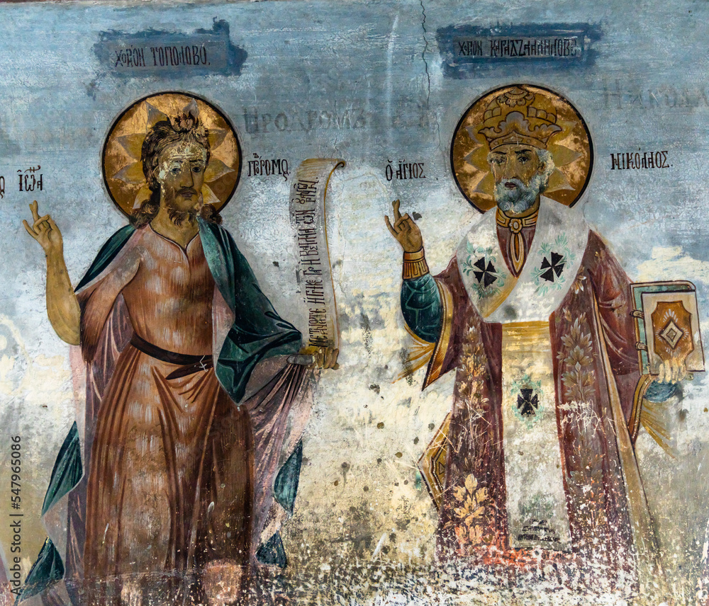14th-century Christian Orthodox fresco mural on the wall of the ...