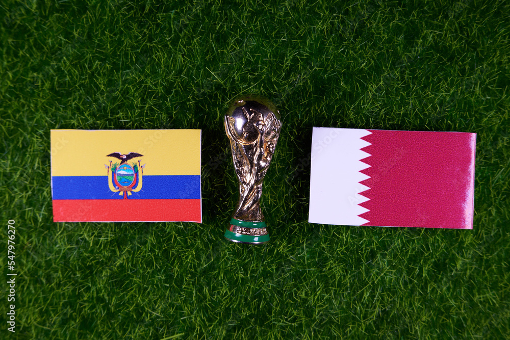 November 20, 2022, Doha, Qatar. Flags of Qatar and Ecuador and the FIFA ...