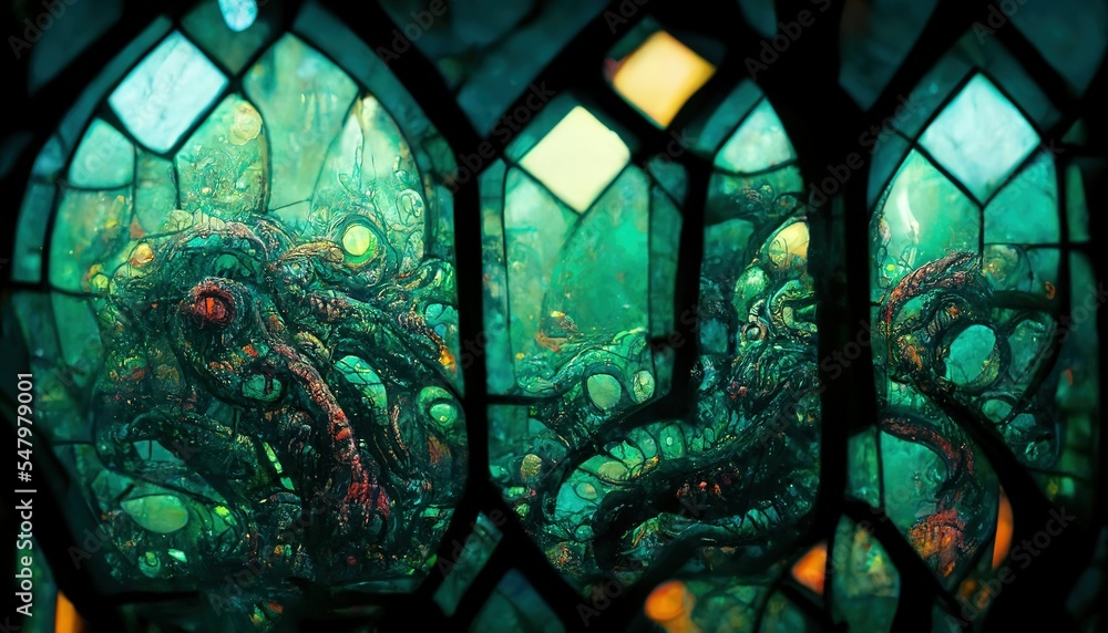 Fantasy dreamland underwater church with Cthulhu and stained glass ...