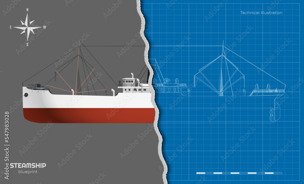Steamer outline drawing. 3d steamship industrial blueprint. Ship view ...