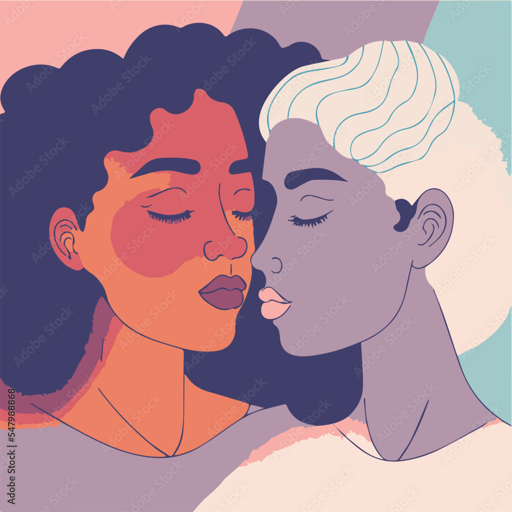 Two women in love. Vector art of interracial lesbian romantic relation ...