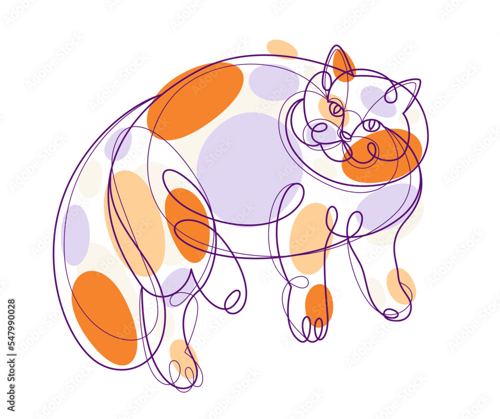 Nice cute cat linear vector illustration, line art drawing of pussycat ...
