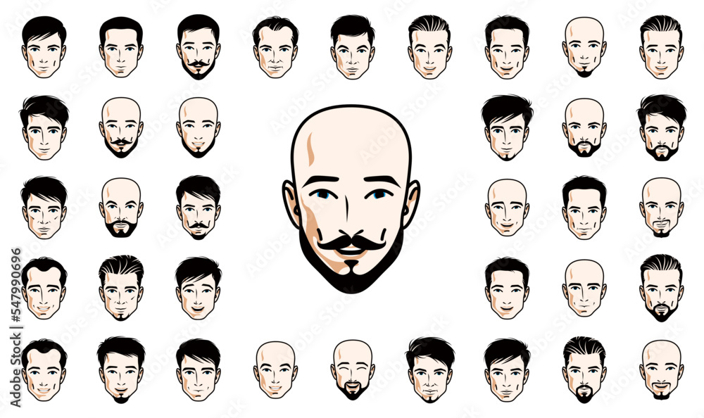 Handsome men faces and hairstyles heads vector illustrations set ...