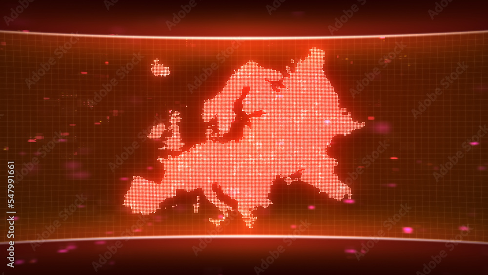 Europe map glowing red silhouette outline made of lines dots triangles ...