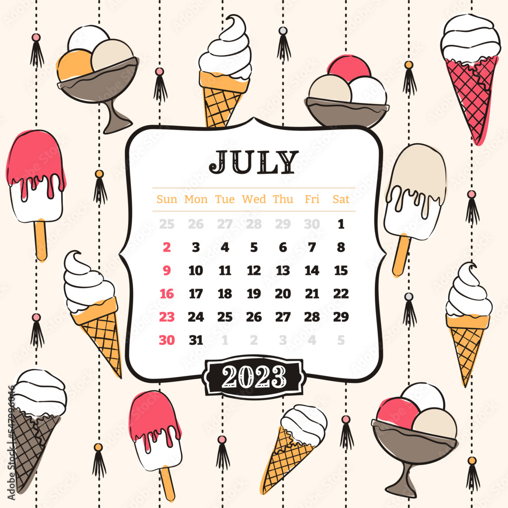 Thematic template for a calendar for 2023. The month of July. Design ...
