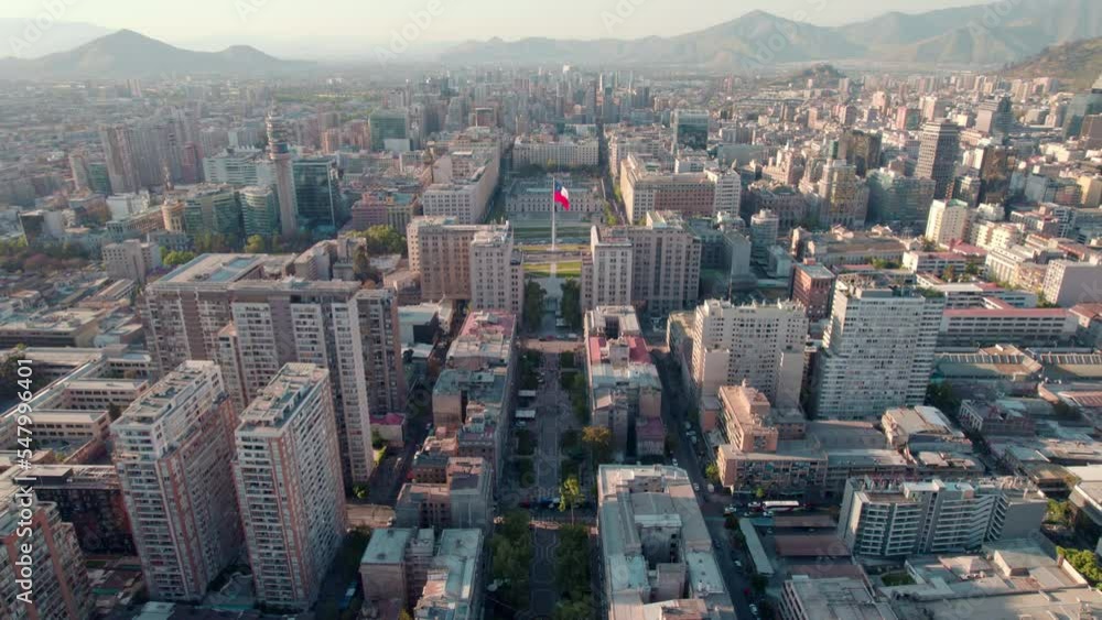 Aerial View Of Downtown Santiago With The Entel Tower, Chilean Flag ...