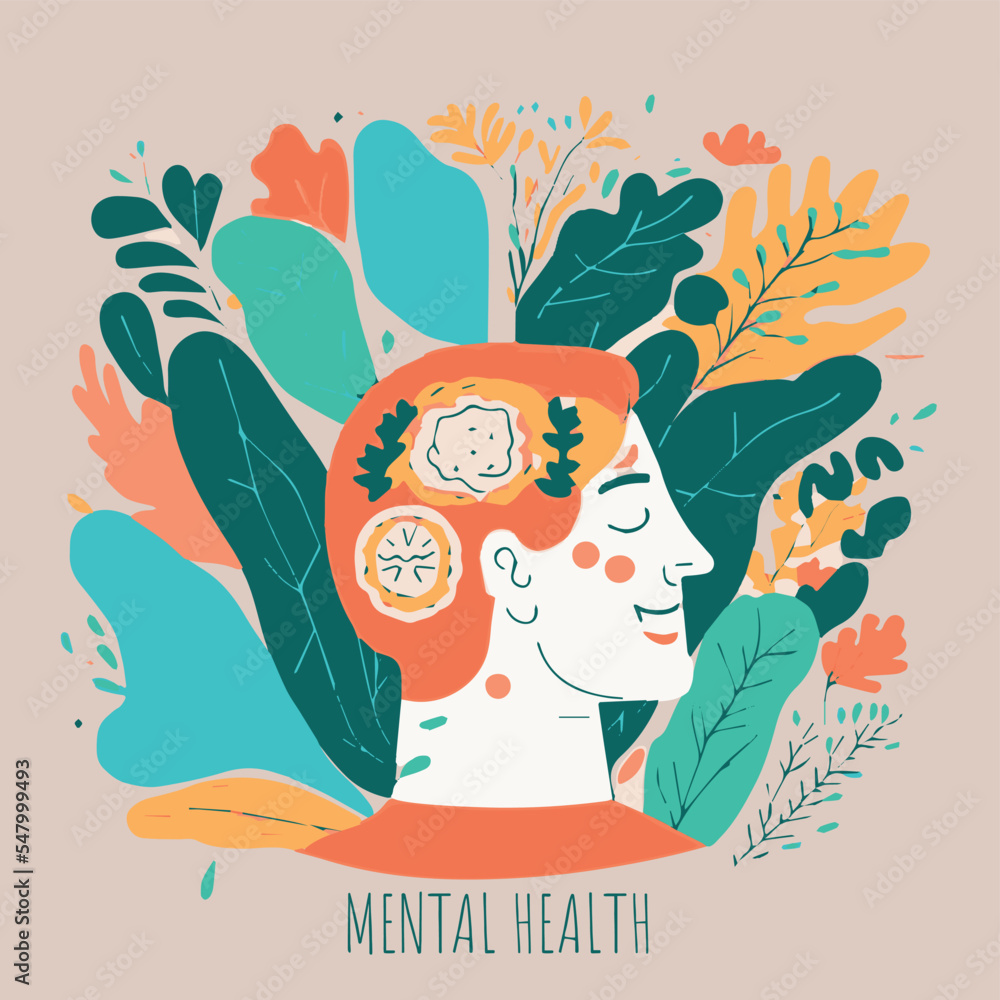 Mental health, well being vector art illustration. Positive mindfulness. Spiritual creativity ...