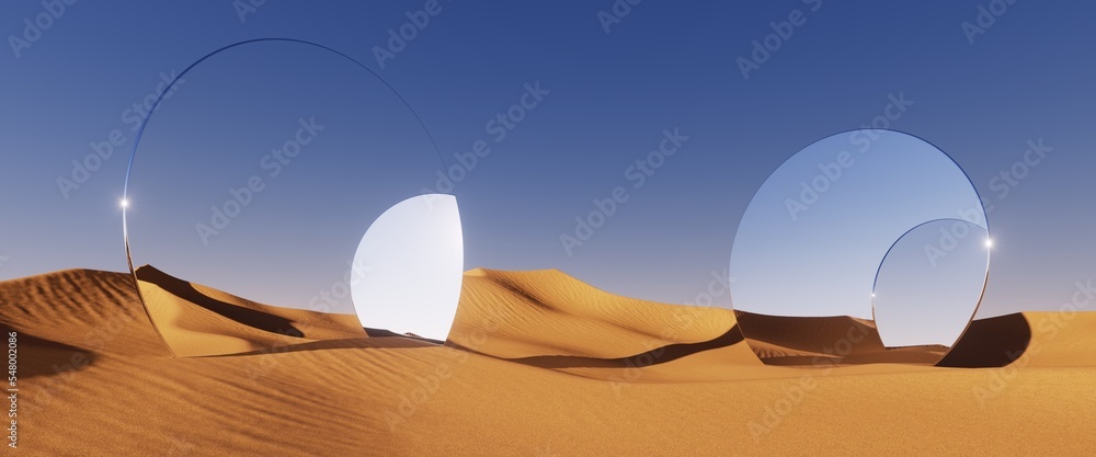 3d render, abstract fantastic panoramic background with round mirrors ...