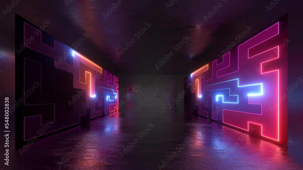 3d render, abstract background with empty dark room illuminated with ...