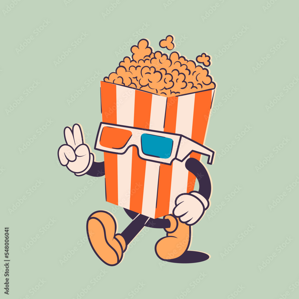 Popcorn bucket with 3d glasses. Cute cartoon character with hands, legs ...