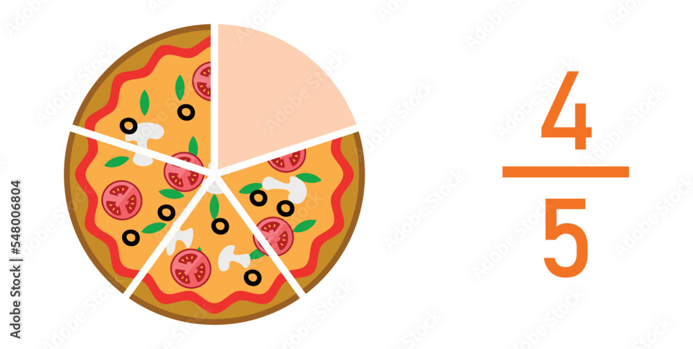Four fifths pizza fractions. Fraction for kids. Pizza slices. Fraction ... Four fifths pizza fractions. Fraction for kids. Pizza slices. Fraction ...