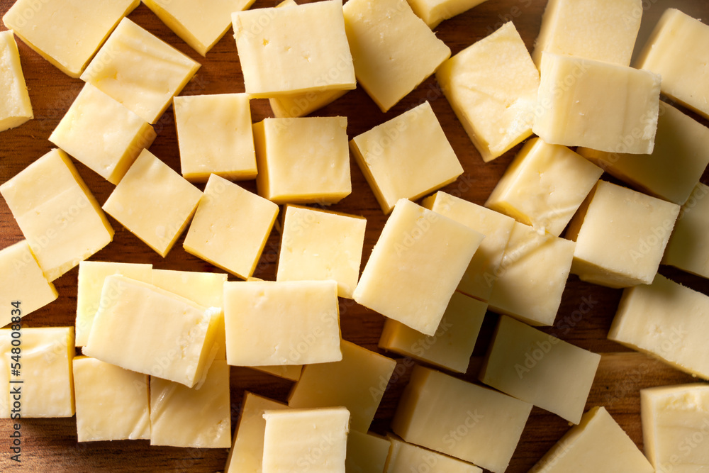 Close-up of the Indian cottage cheese or paneer, typical in the Indian ...