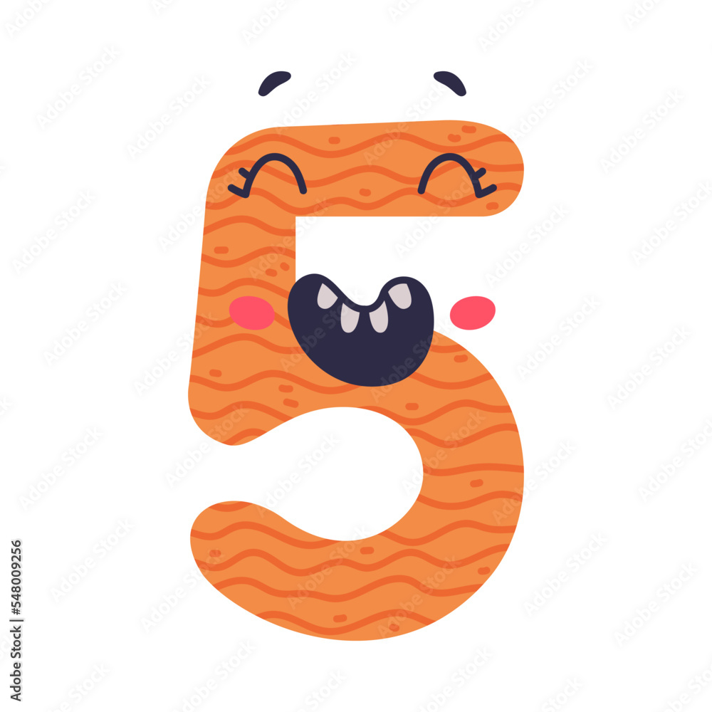 5 cute funny number character. Five comic childish bright orange ...