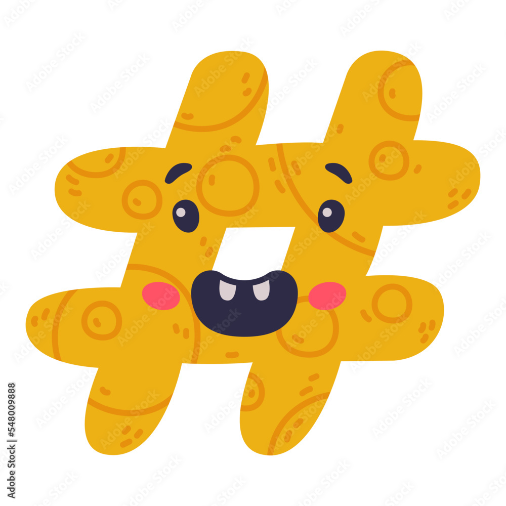 Cute funny yellow hashtag symbol character with funny face. Social ...