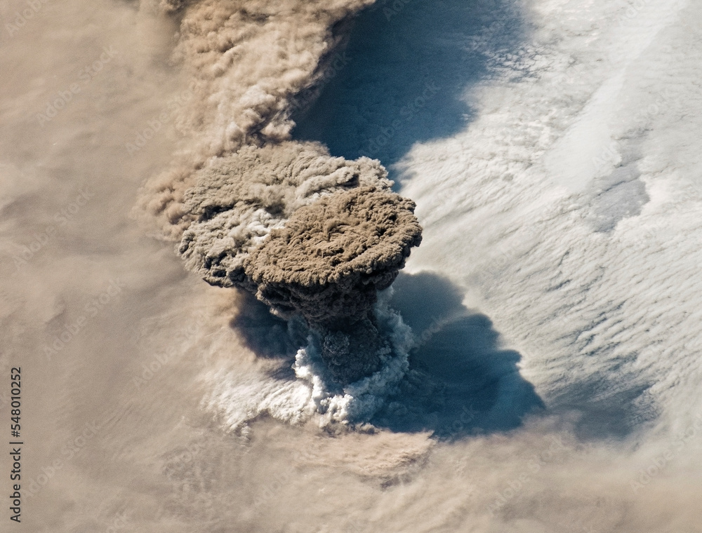 Volcanic eruption. Raikoke Volcano on Kuril Island. Aerial view of ...