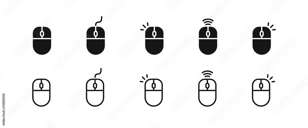 Mouse icon. Click sign. Button symbol. Wired and wireless symbols ...