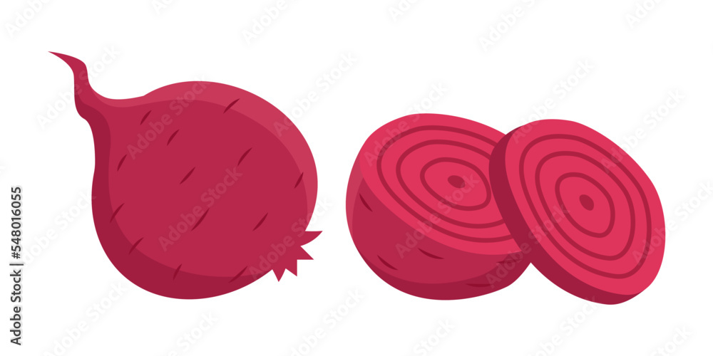 Beet cut into parts vector illustrations set. Big beetroot cut into ...