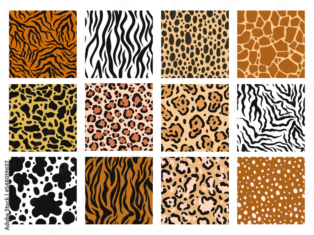 Animal skin pattern. Zoo prints of mammals fur, safari material and ...