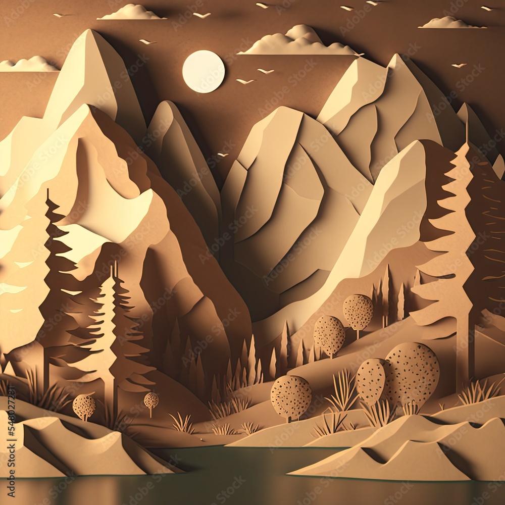 Papercut light brown lanscape of very tall mountains and trees beside a ...