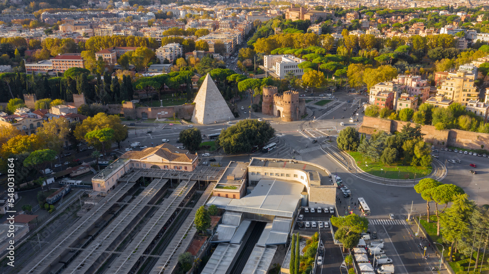Aerial view of Ostiense square and Pyramid of Cestius, a Roman Era ...