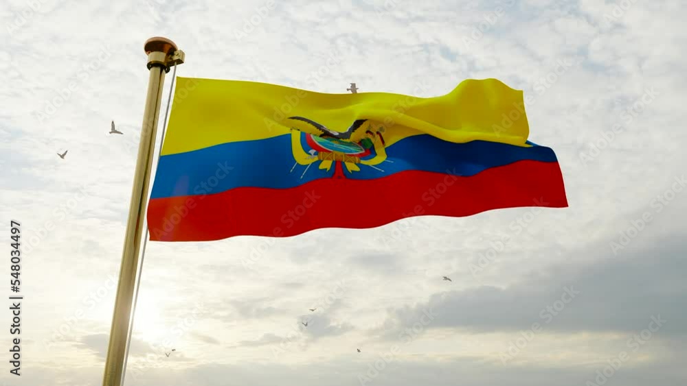 Flag of Ecuador waving in the wind, sky and sun background. Ecuador ...