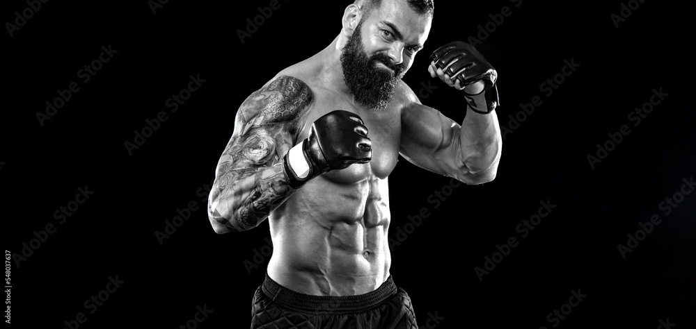 Boxer boxing on black background with neon lights. Sports website ...