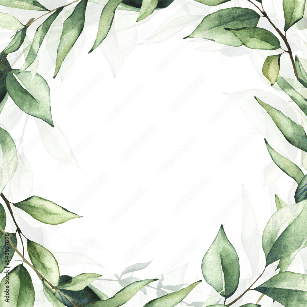 Delicate square isolated greenery round frame template watercolor ...