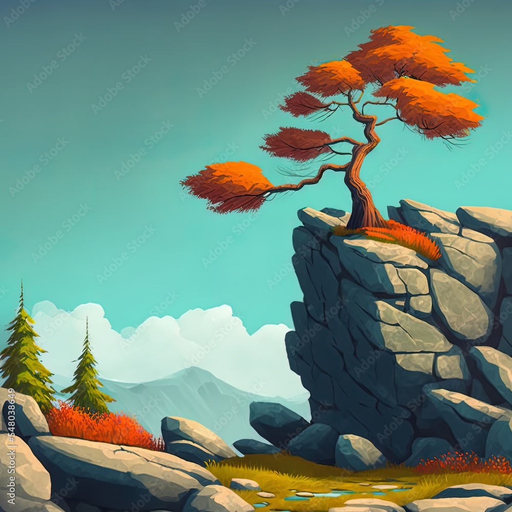 Cartoon autumn landscape lonely tree grow on rocks Stock Illustration ...