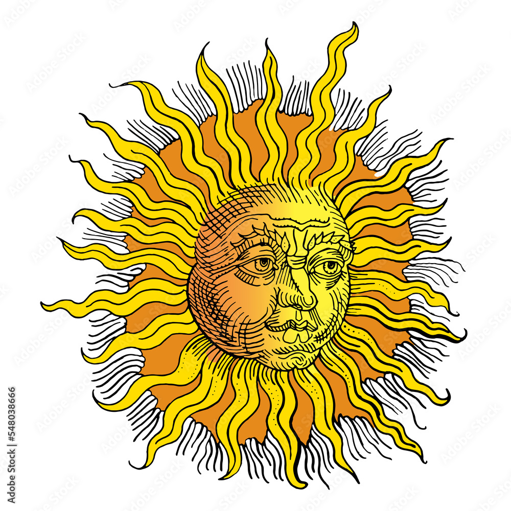 Vintage sun with a face. Hand drawn engraving medieval fantasy tattoo ...