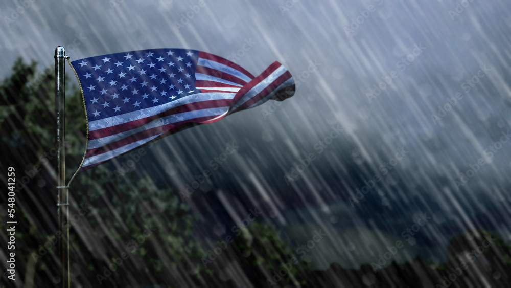 flag of USA with rain and dark clouds, terrible weather symbol - nature ...