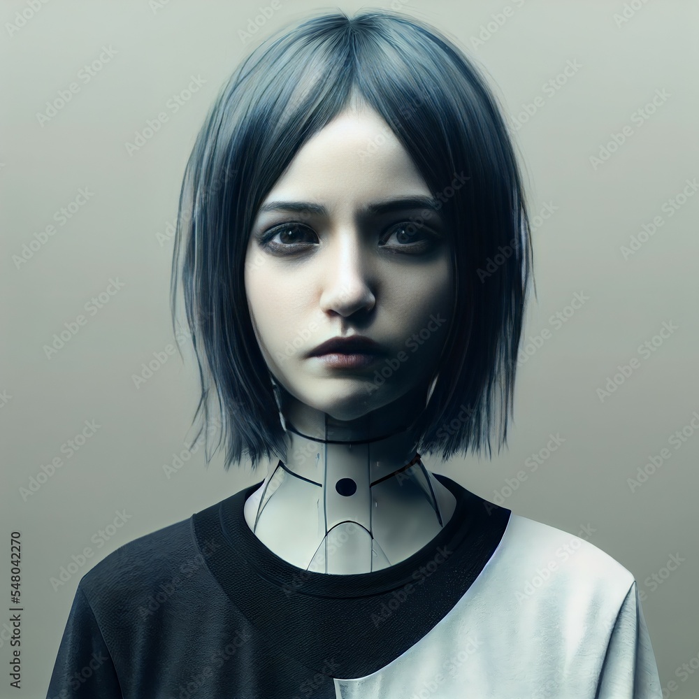 Sad emo girl robot android. Generative AI. Not based on a real person ...