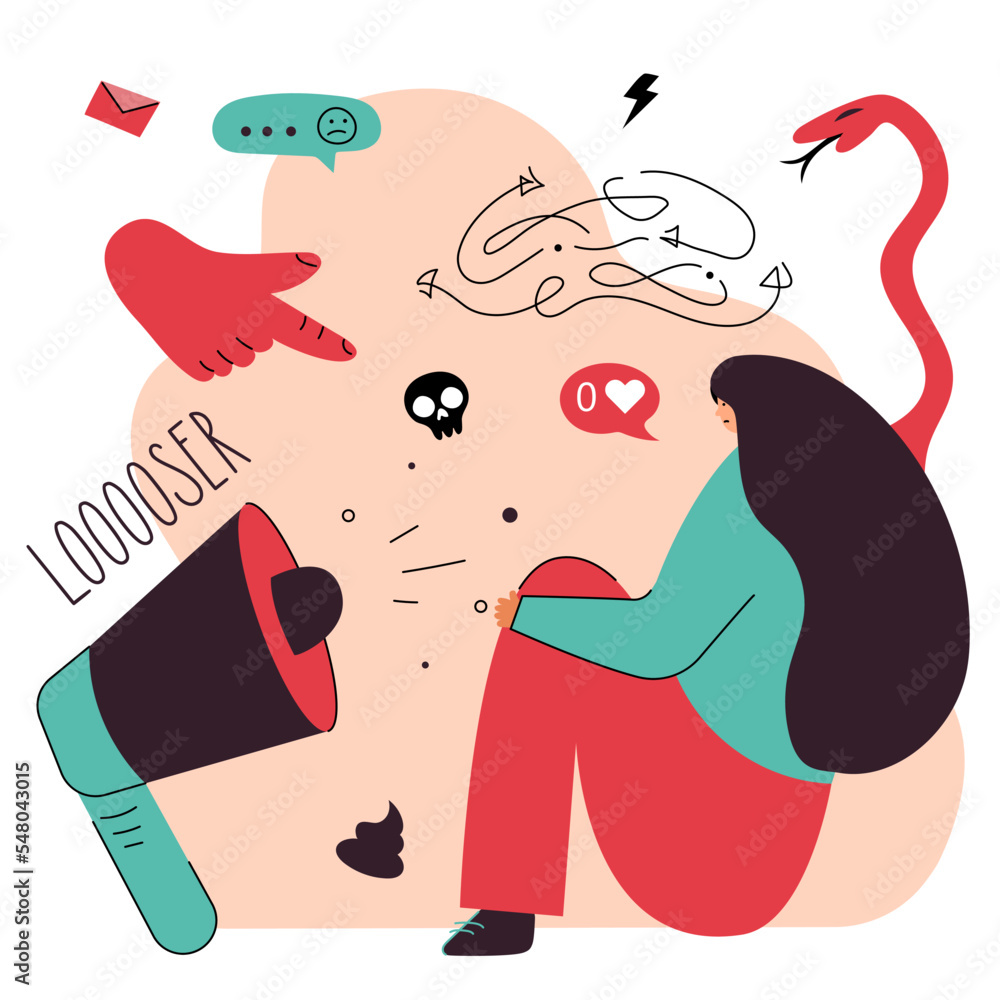 Female sit and get not good messege, dislike, hurtful words. Lettering ...