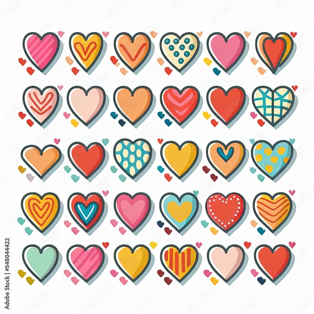 2d illustrated hearts cartoon style. flat & line heart symbols ...