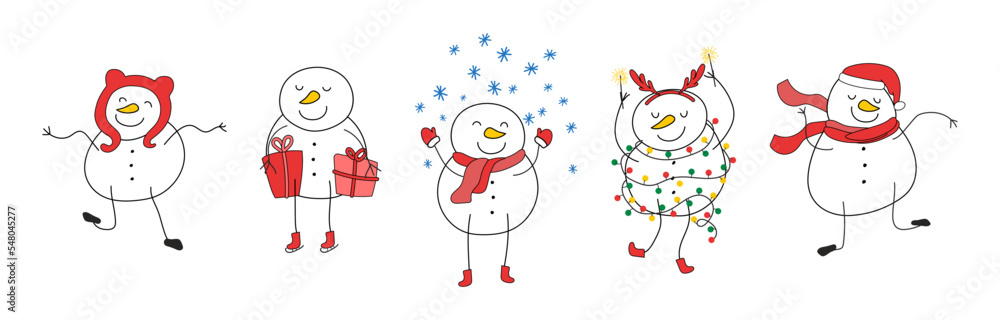 Christmas Snowmen set vector illustration isolated on white background ...