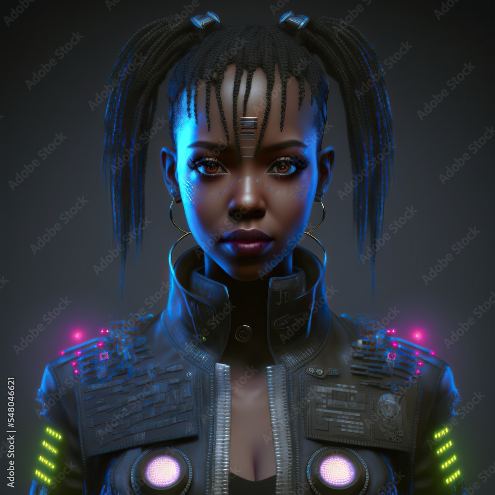 Ilustrace „3d render character design. Black cyberpunk african american ...