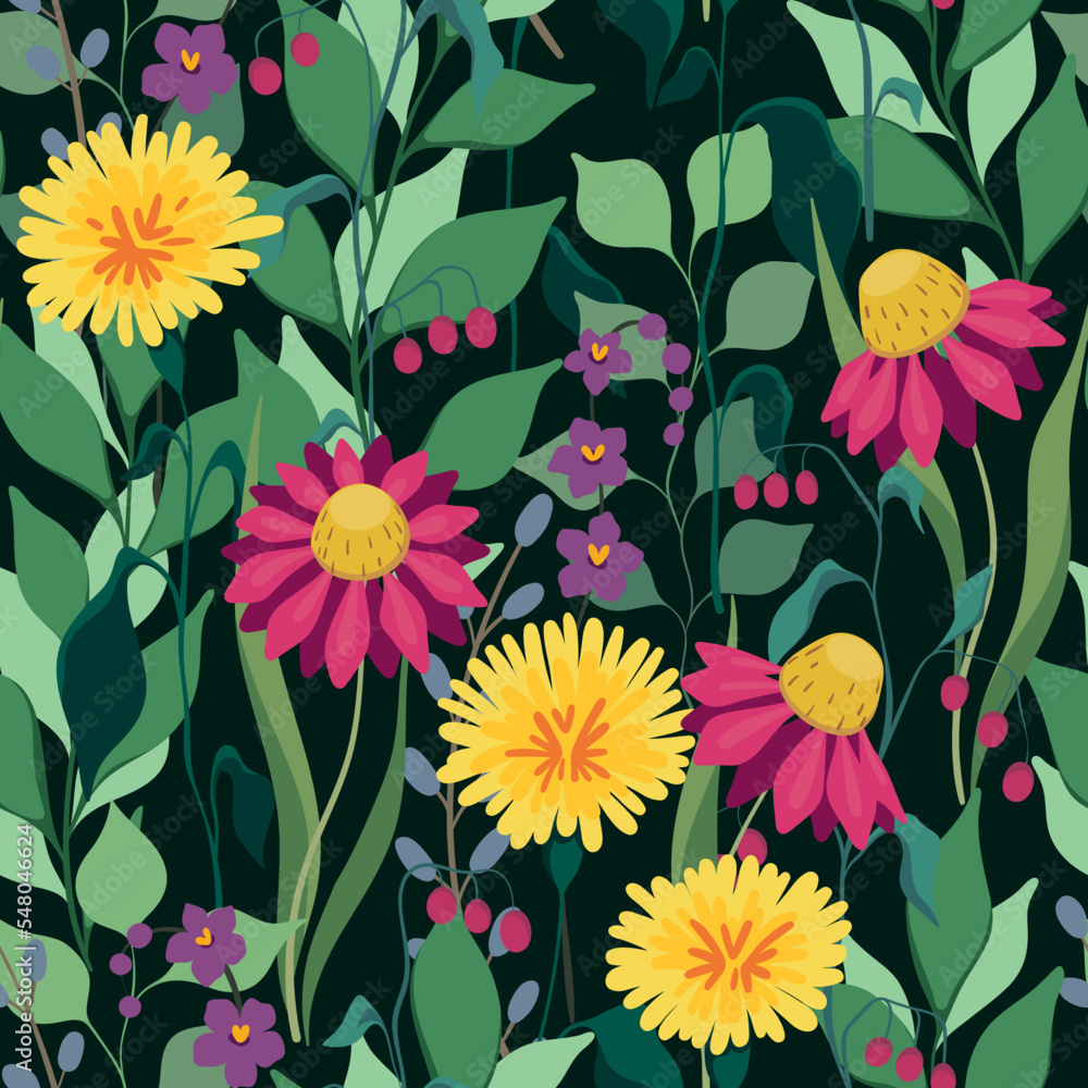 Seamless floral pattern with pretty summer garden, large wildflowers ...