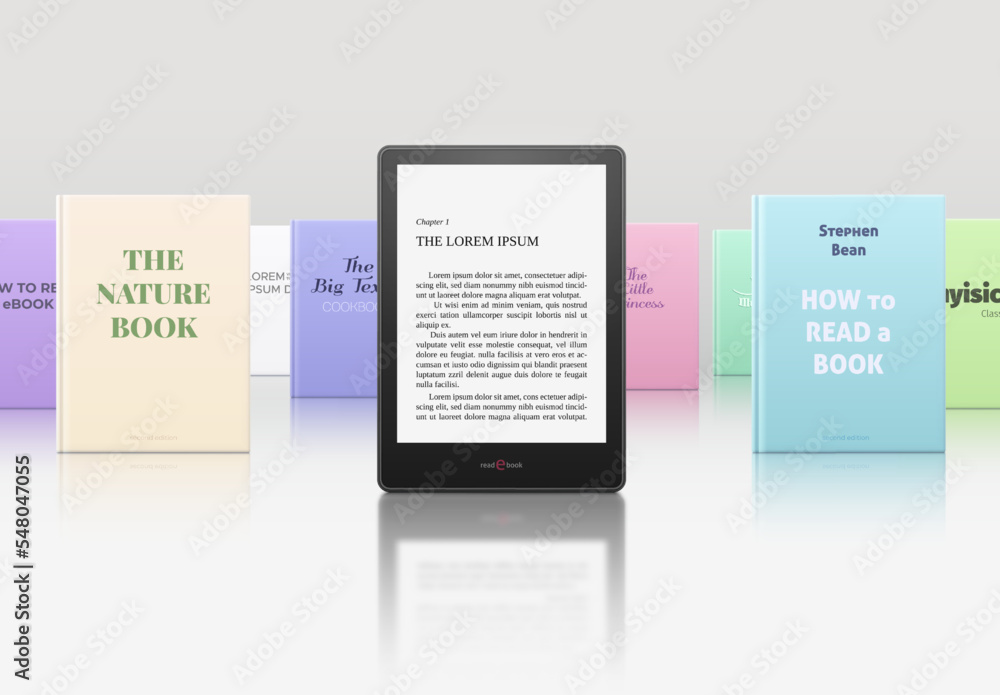 Books stand on a light background, e-book is closest. Stock ...