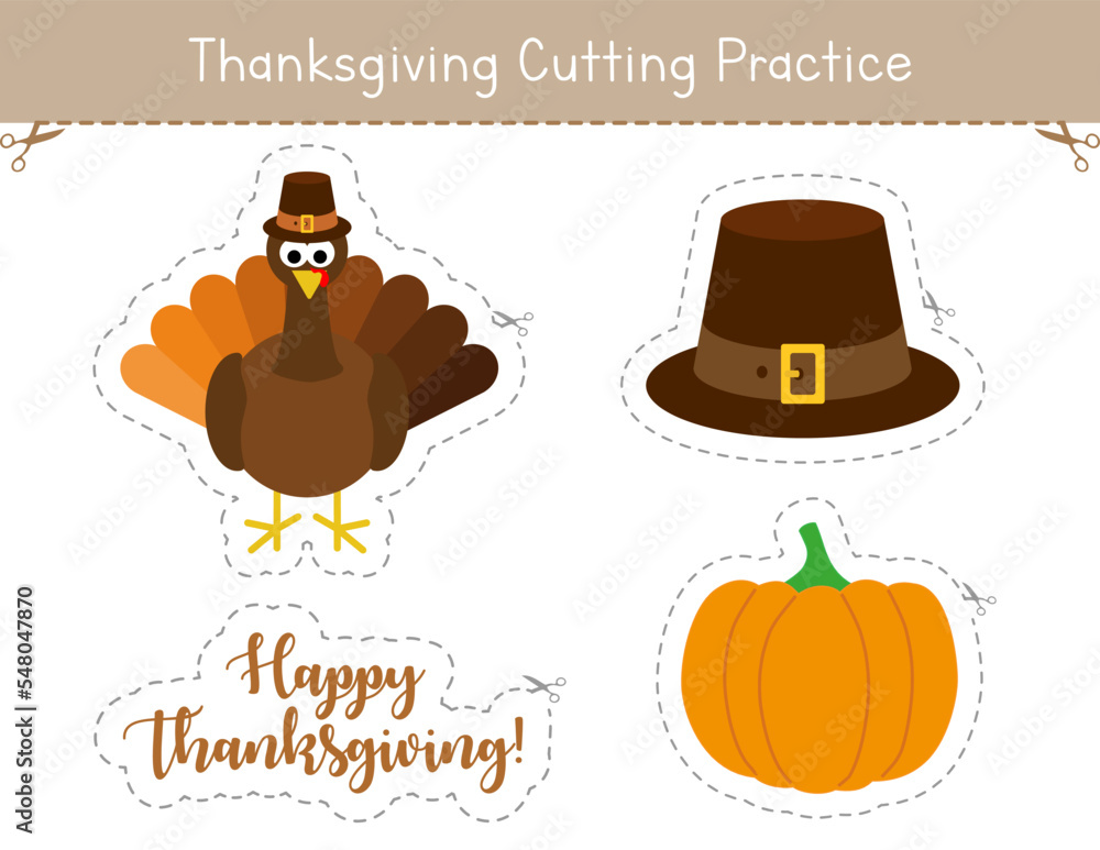 Cutting practice worksheet for Thanksgiving. Scissor skills for kids ...