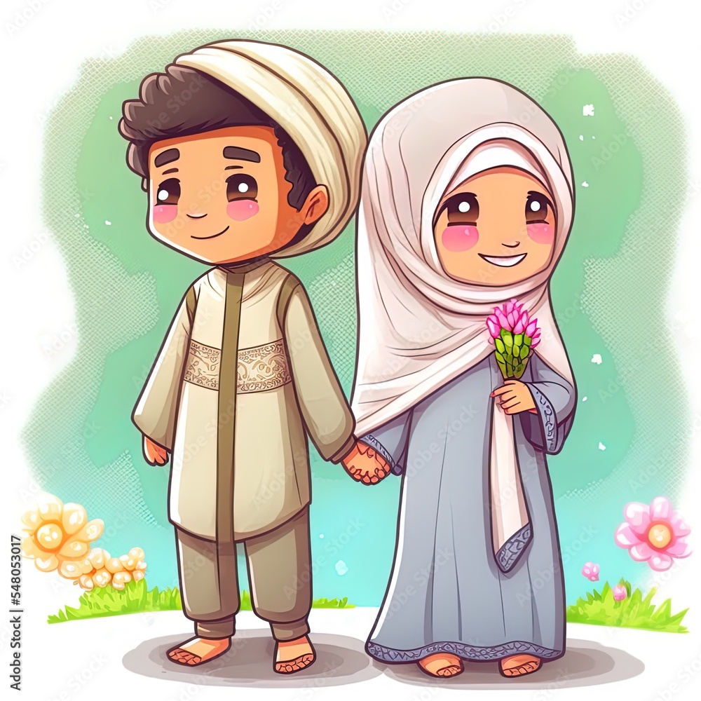 Cute muslim couple cartoon illustration in hand drawn style Stock ...