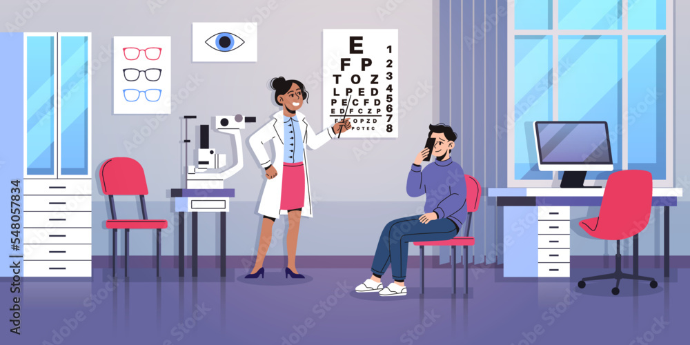 Optometrist examination. Doctor checks patient eyesight, glasses ...