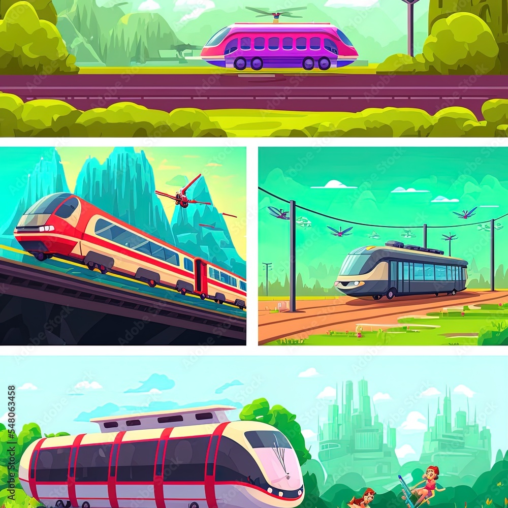 Public transport design concept cartoon style landscapes with tourist ...