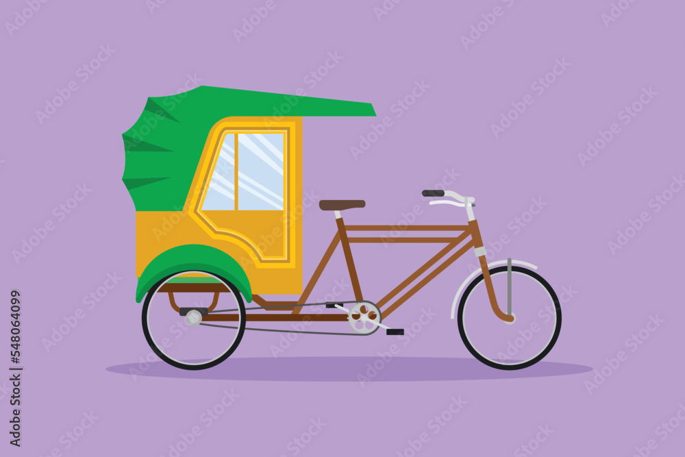 Graphic flat design drawing cycle rickshaw seen from the side pulls the ...